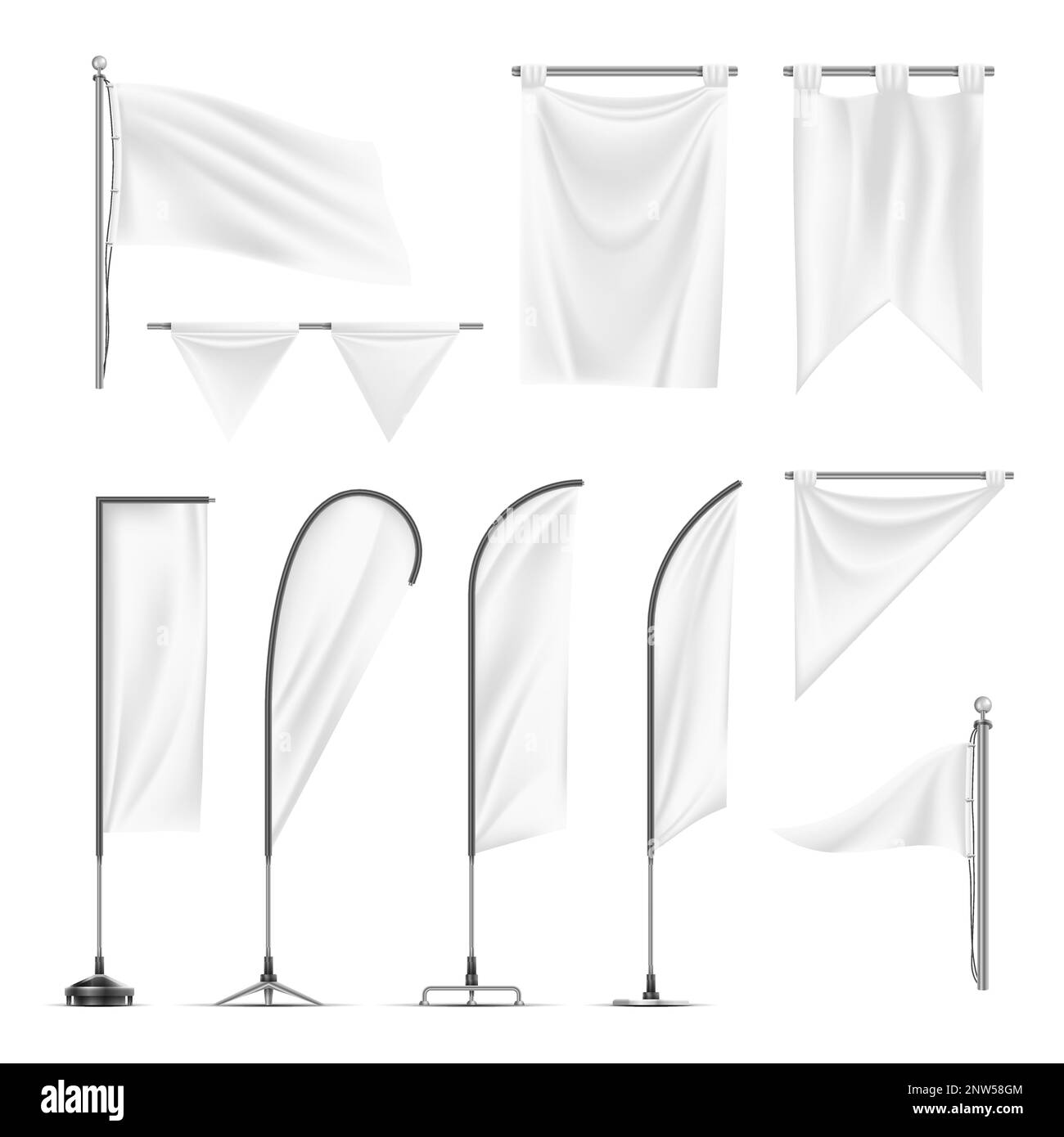 Realistic mockup set of white advertising banners flags pennants on ...