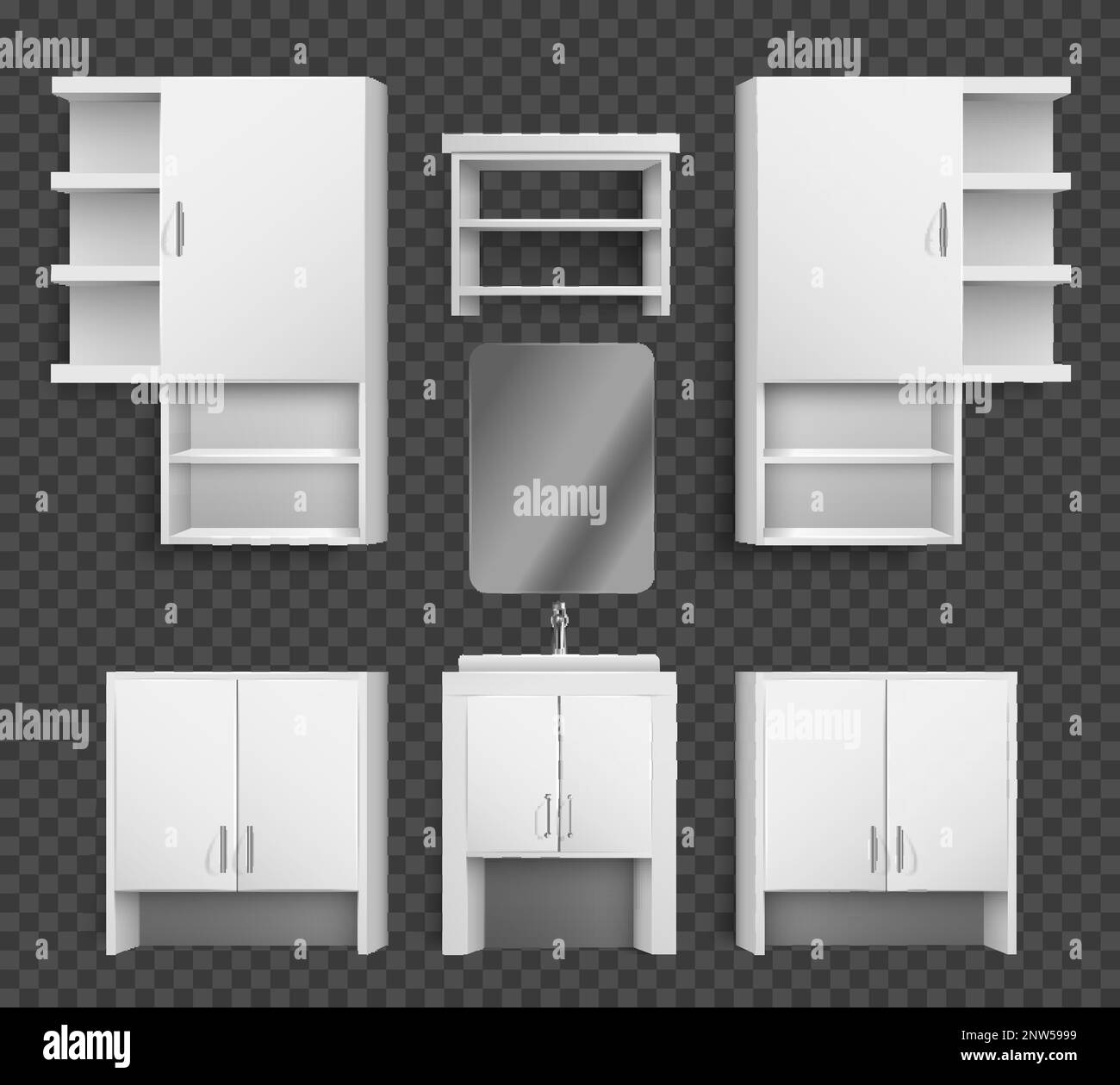 Realistic set of modern white kitchen cabinets counters and shelves ...