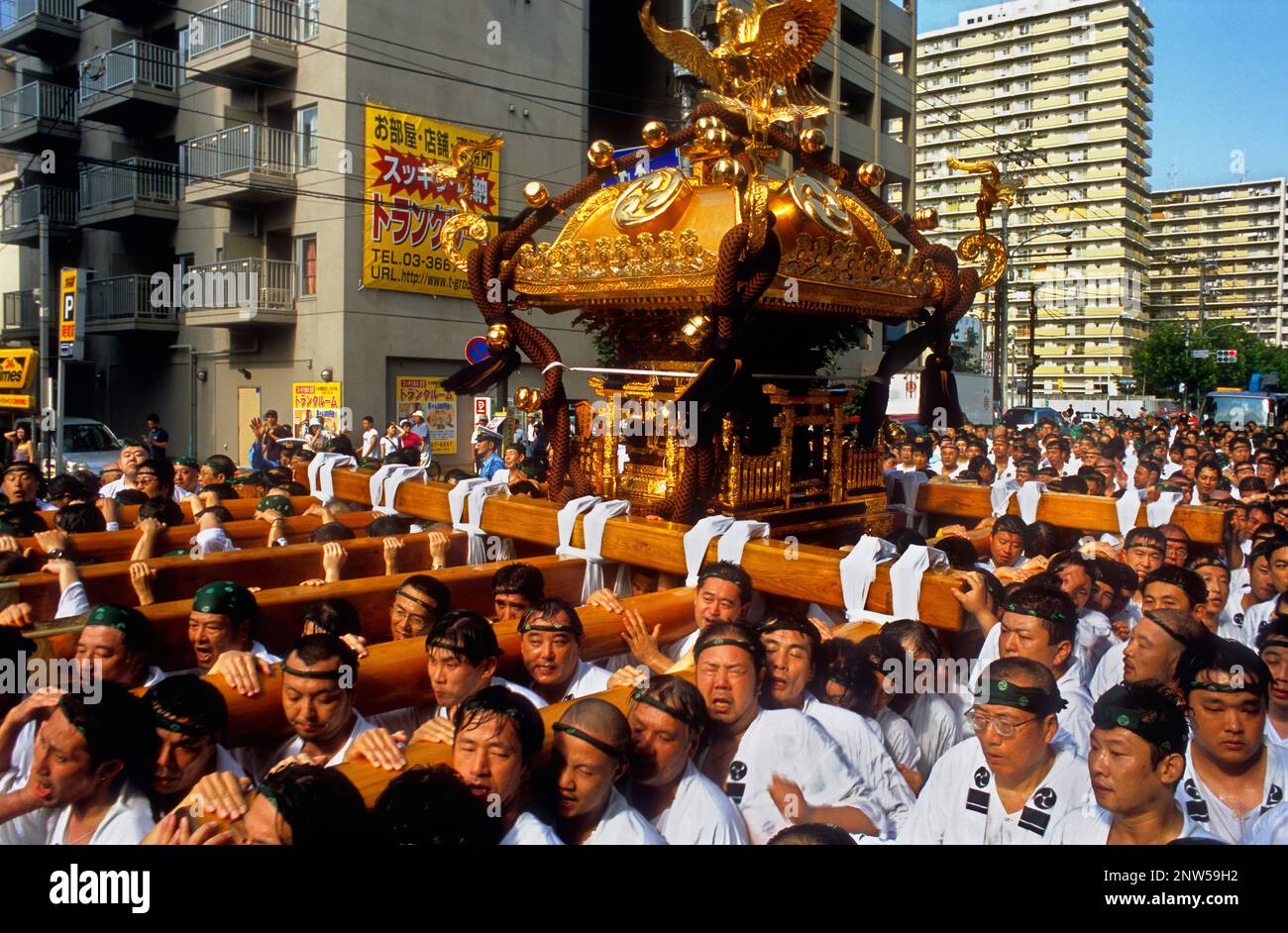 Fukagawa Hachiman Matsuri (festival-august). Procession of Mikoshi (mobile shrine).Tokyo city ...