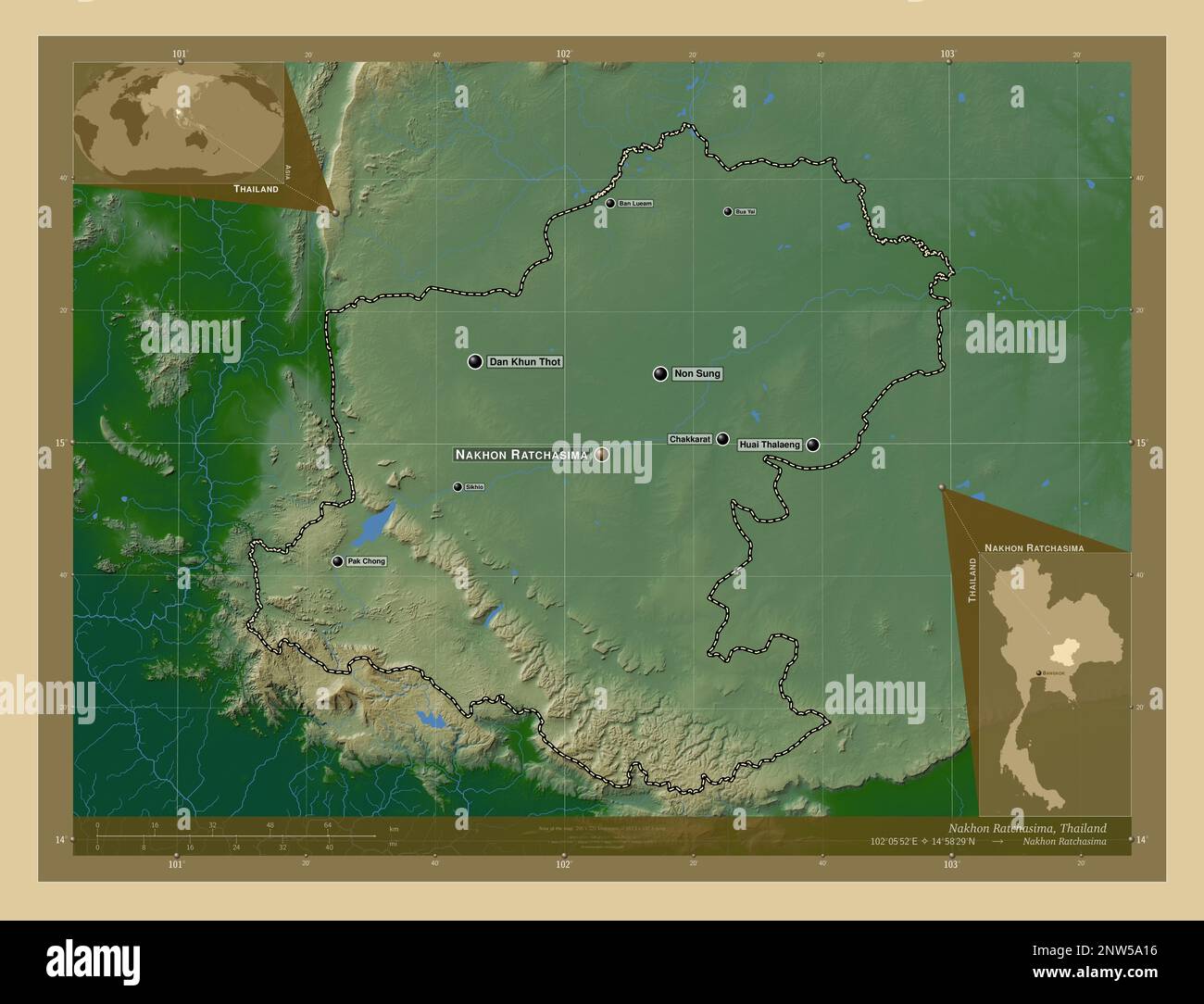 Nakhon Ratchasima, province of Thailand. Colored elevation map with ...