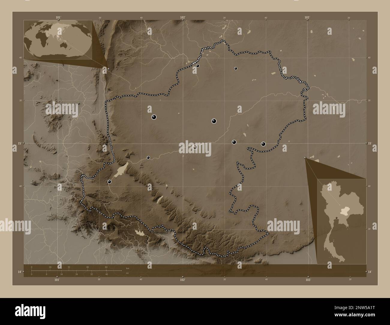 Nakhon Ratchasima, province of Thailand. Elevation map colored in sepia ...