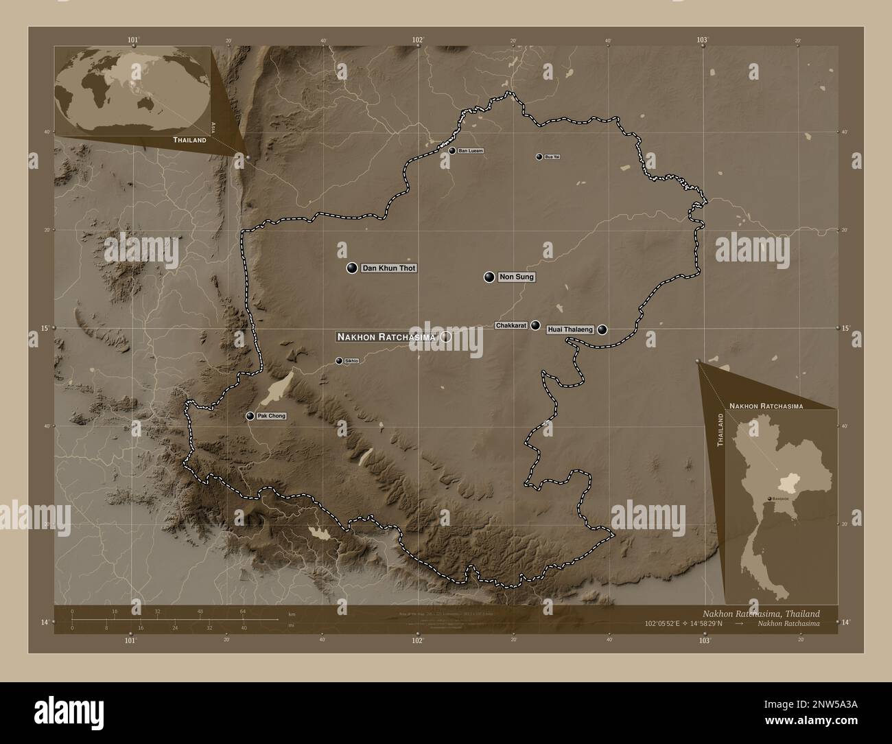 Nakhon Ratchasima, province of Thailand. Elevation map colored in sepia ...