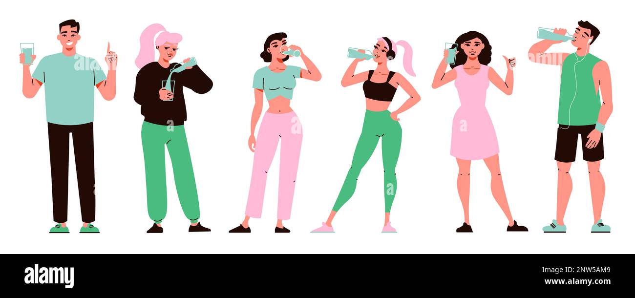 Drinking water people set of six isolated doodle style characters ...