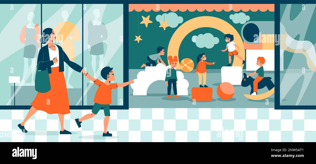 Children playroom composition with outdoor view of shopping mall ...