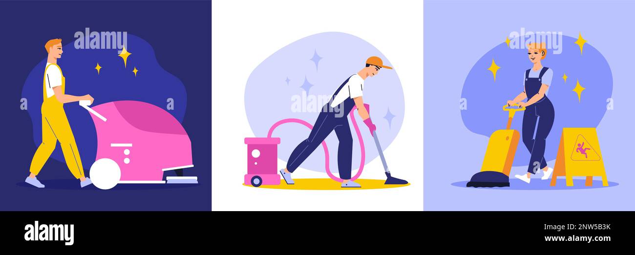 Cleaning service set of three square compositions with human characters ...