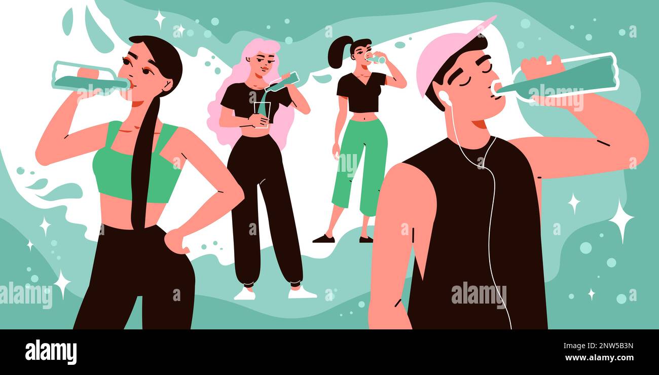 Water composition with doodle characters of young people drinking water ...