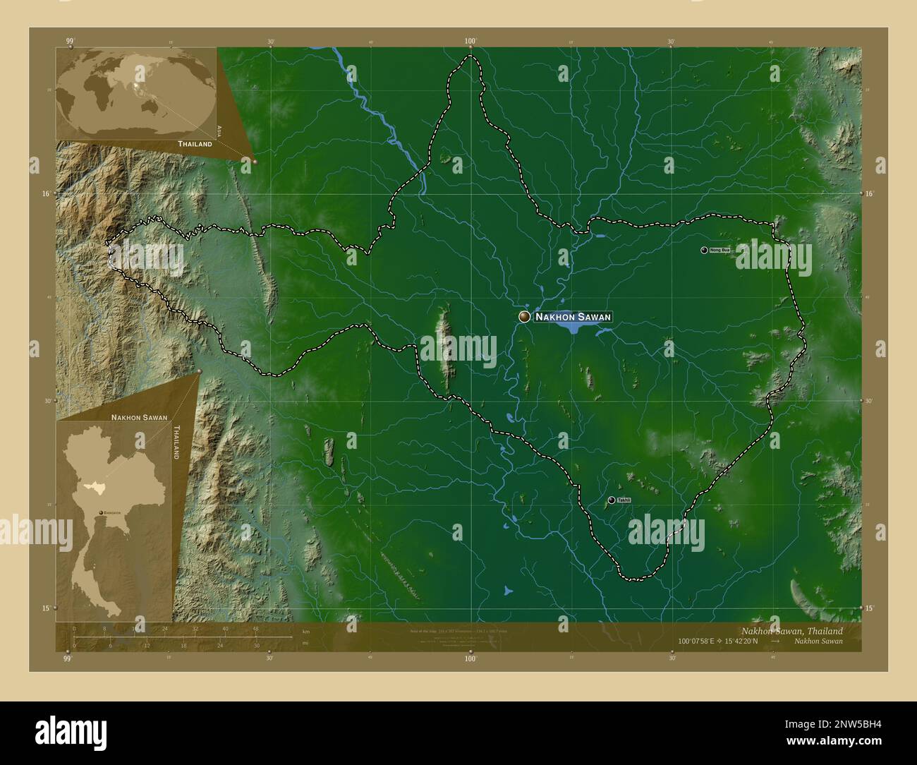 Nakhon Sawan, province of Thailand. Colored elevation map with lakes ...