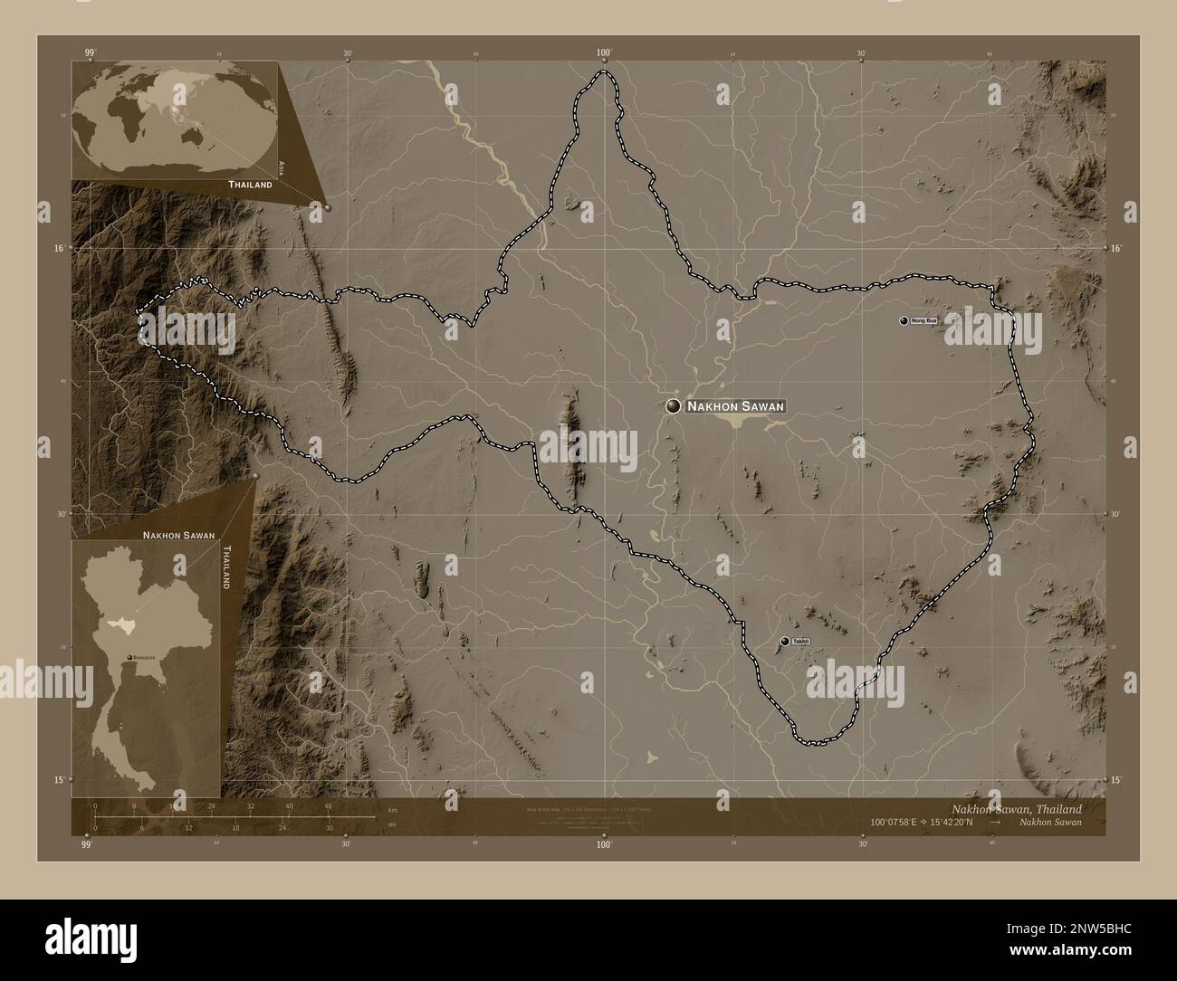 Nakhon Sawan, province of Thailand. Elevation map colored in sepia ...