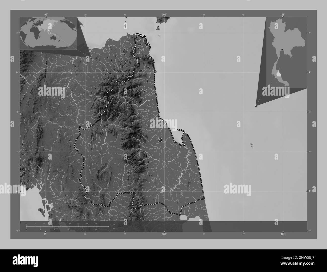 Nakhon Si Thammarat, province of Thailand. Grayscale elevation map with ...