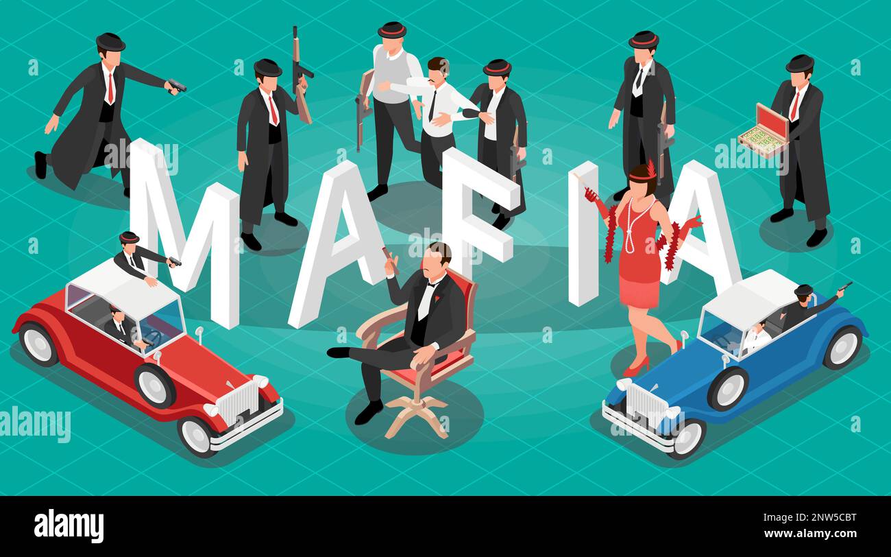 Mafia isometric horizontal illustration with male characters in black ...