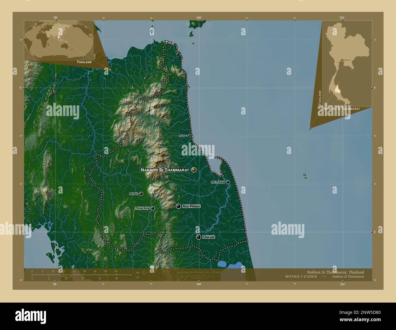 Nakhon Si Thammarat, province of Thailand. Colored elevation map with ...