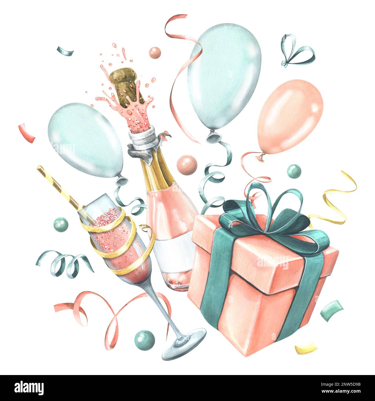Gift box with a bottle and a glass of champagne, with balloons and ...