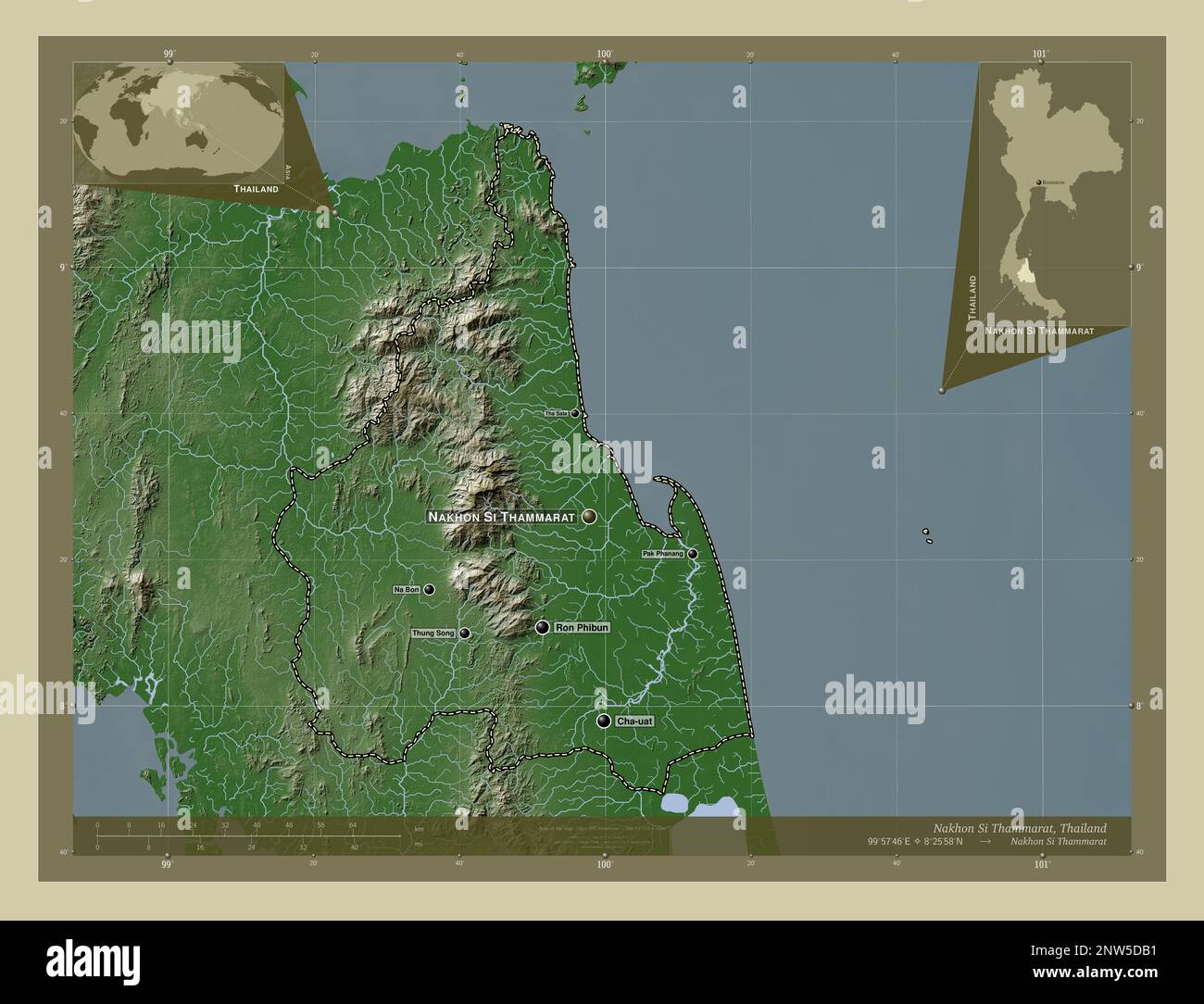 Nakhon Si Thammarat, province of Thailand. Elevation map colored in ...