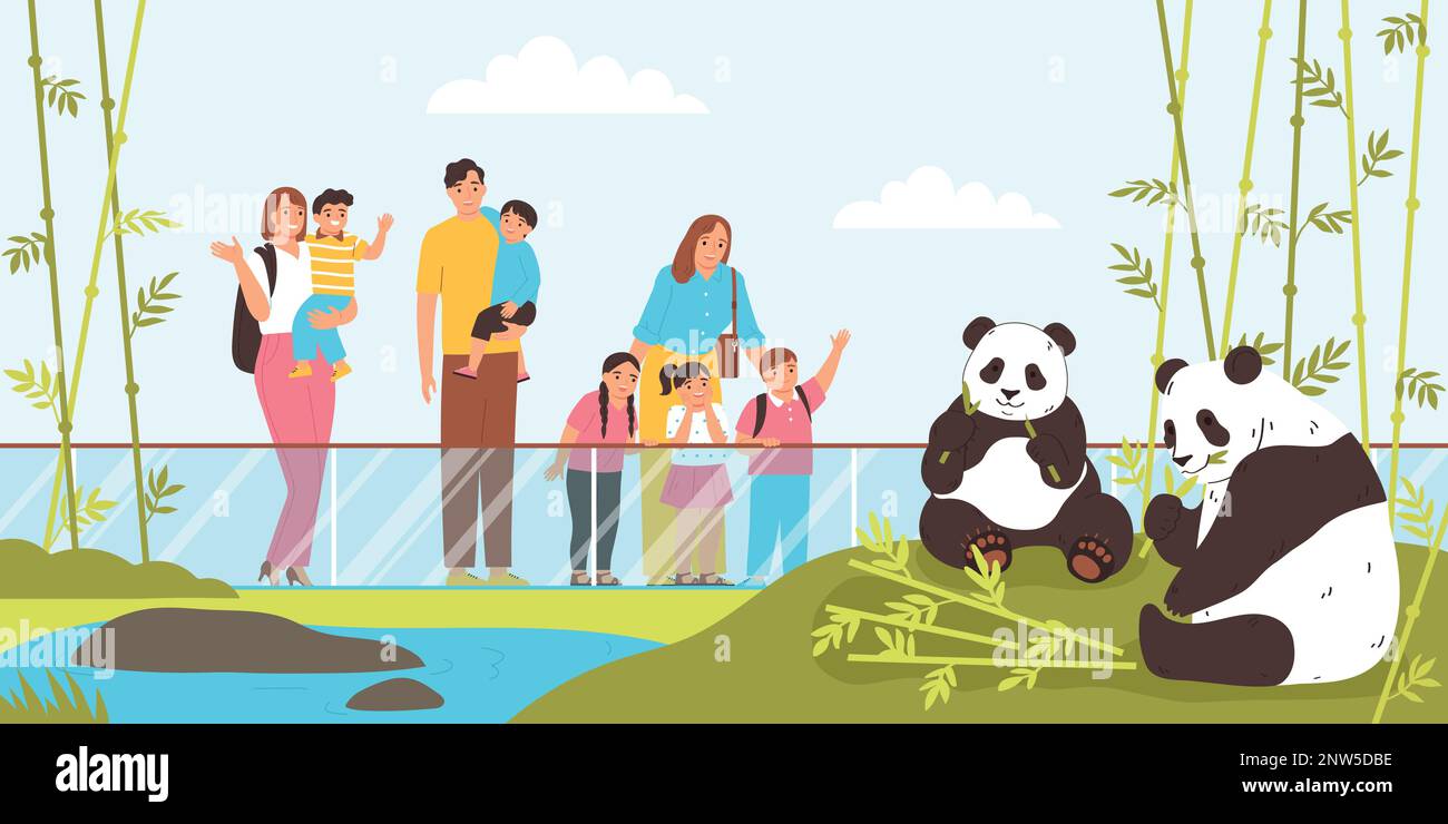 Happy people looking at pandas eating bamboo in zoo flat vector ...