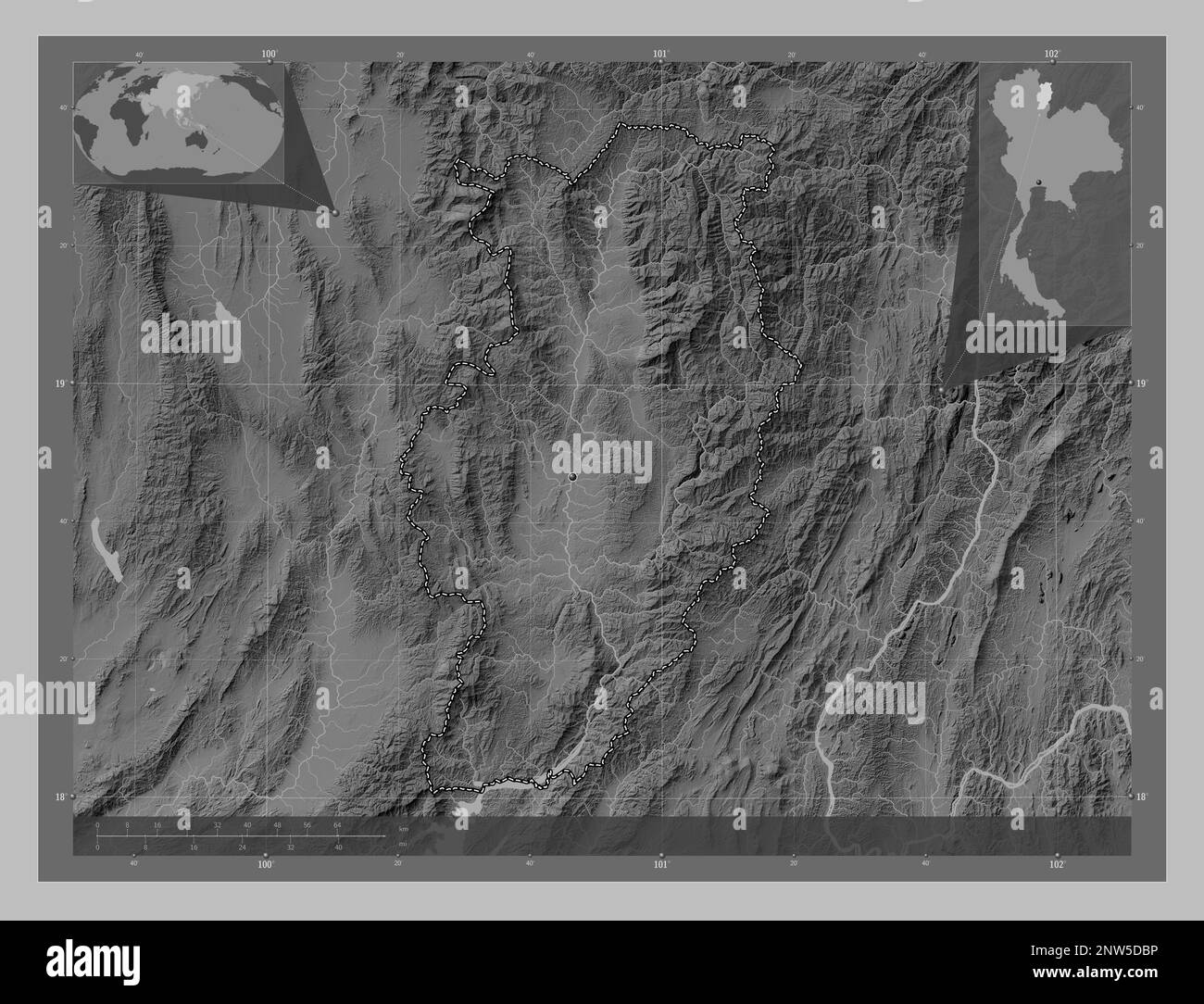Nan, province of Thailand. Grayscale elevation map with lakes and ...