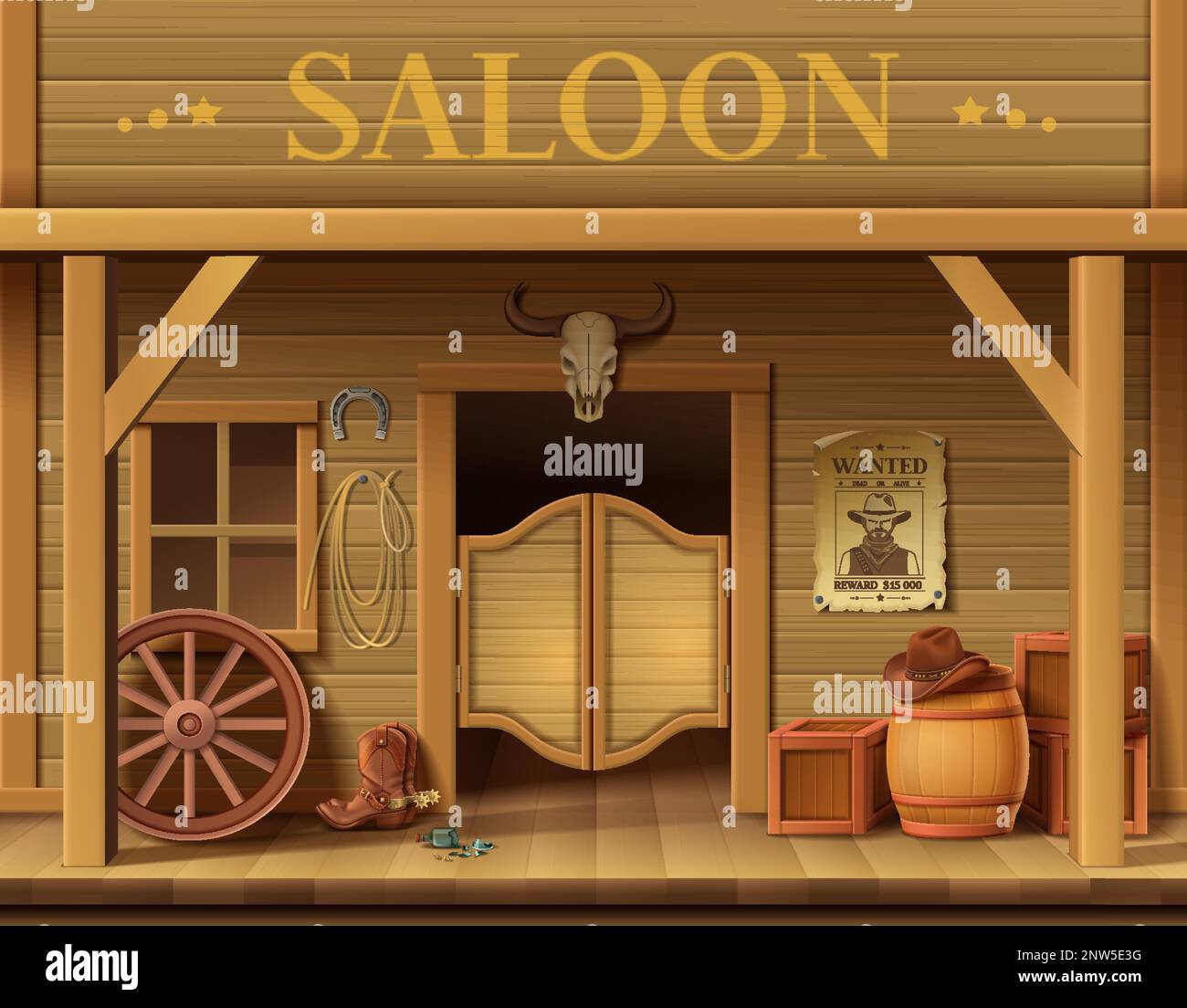 Wild west cartoon composition with outdoor view of vintage storefront ...