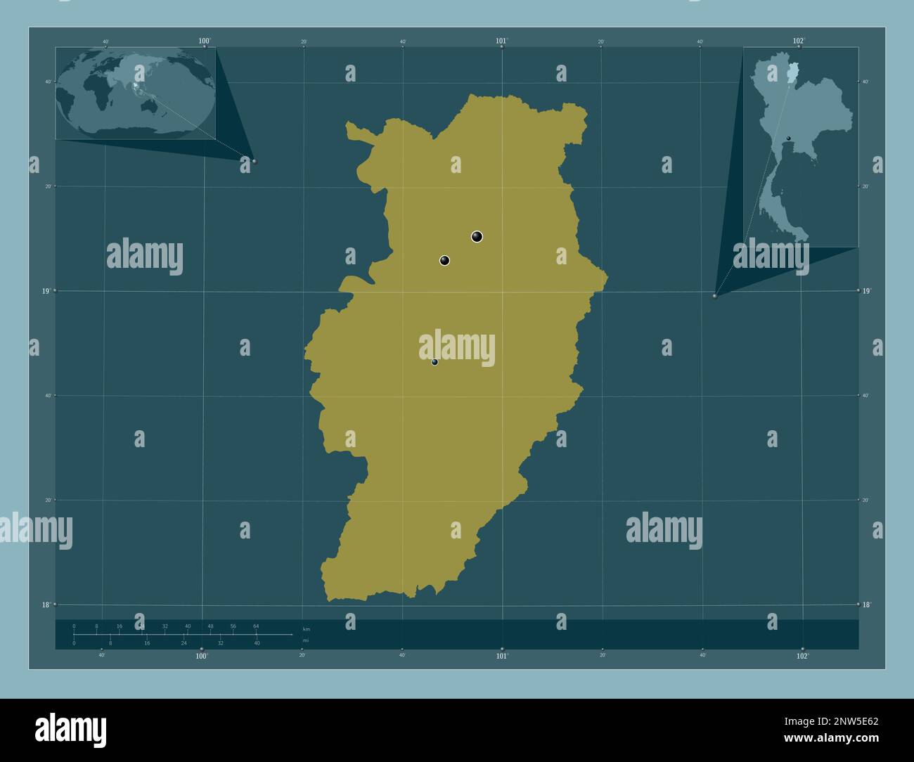 Nan, province of Thailand. Solid color shape. Locations of major cities ...