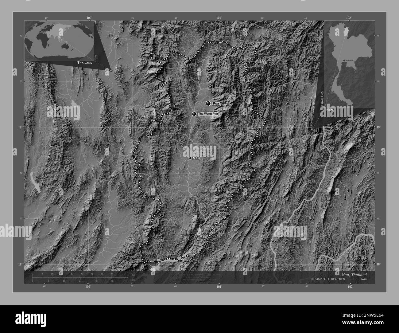 Nan, province of Thailand. Bilevel elevation map with lakes and rivers ...