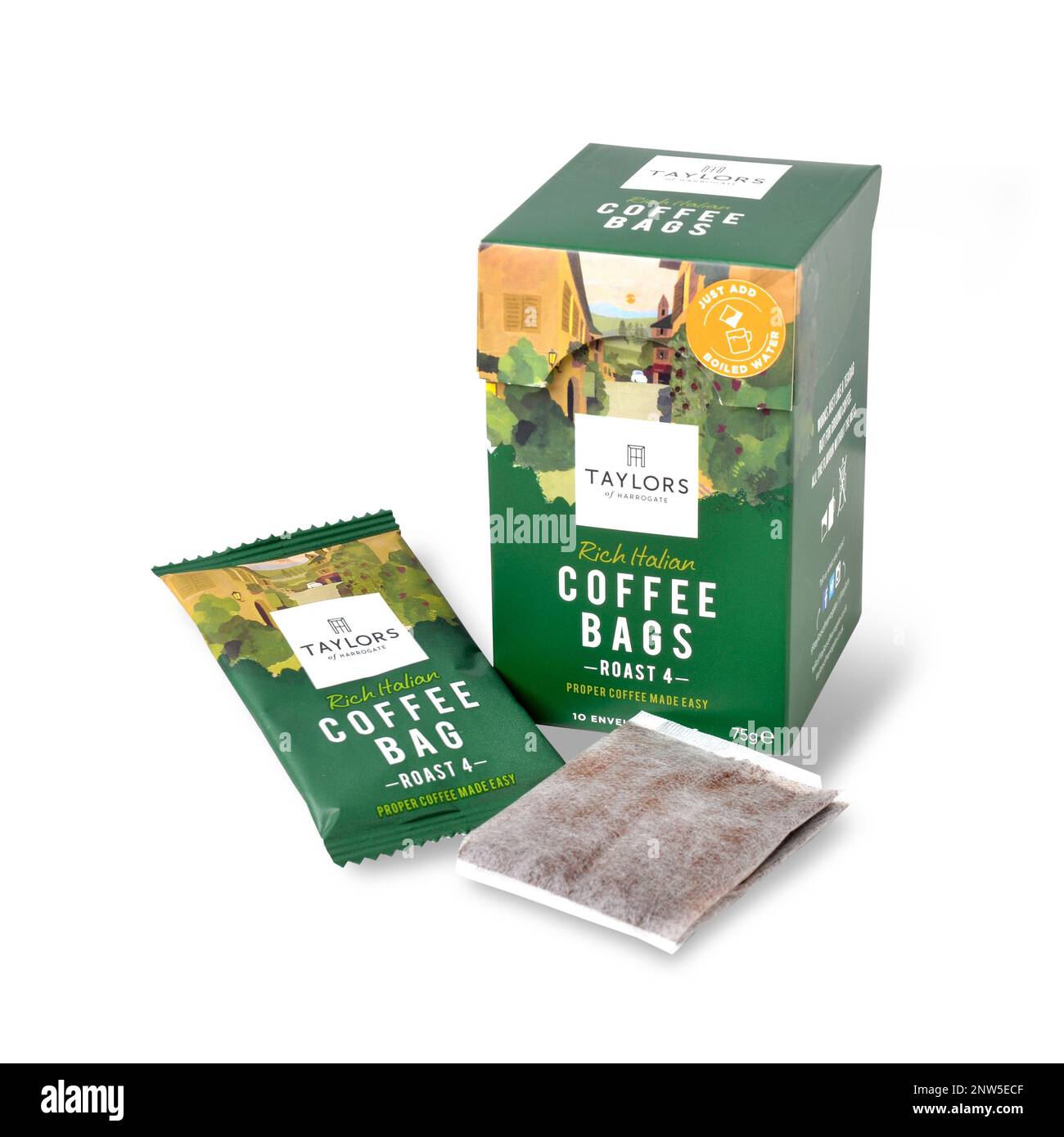 Box of Taylors of Harrogate Coffee Bags packaging with one coffee bag ...