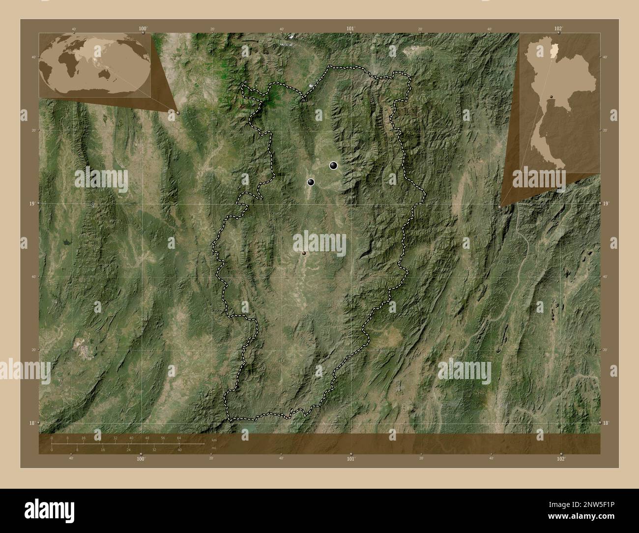 Nan, province of Thailand. Low resolution satellite map. Locations of ...
