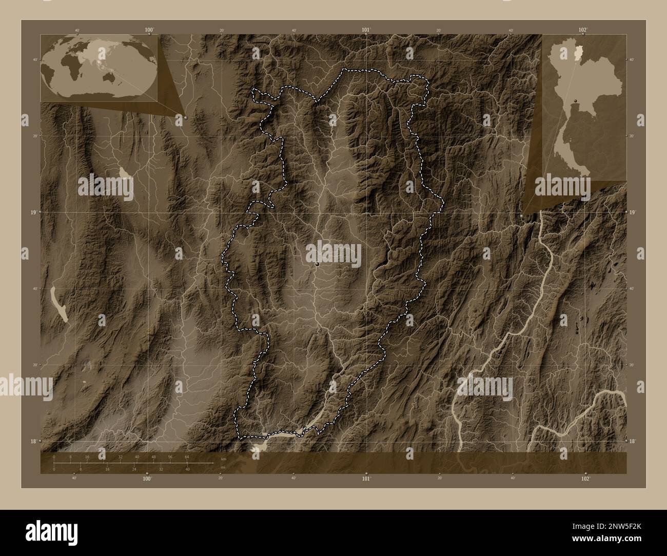 Nan, province of Thailand. Elevation map colored in sepia tones with ...