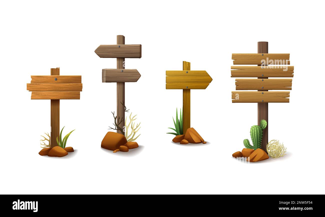 Wild west cartoon set of four isolated wooden posts with empty arrow ...