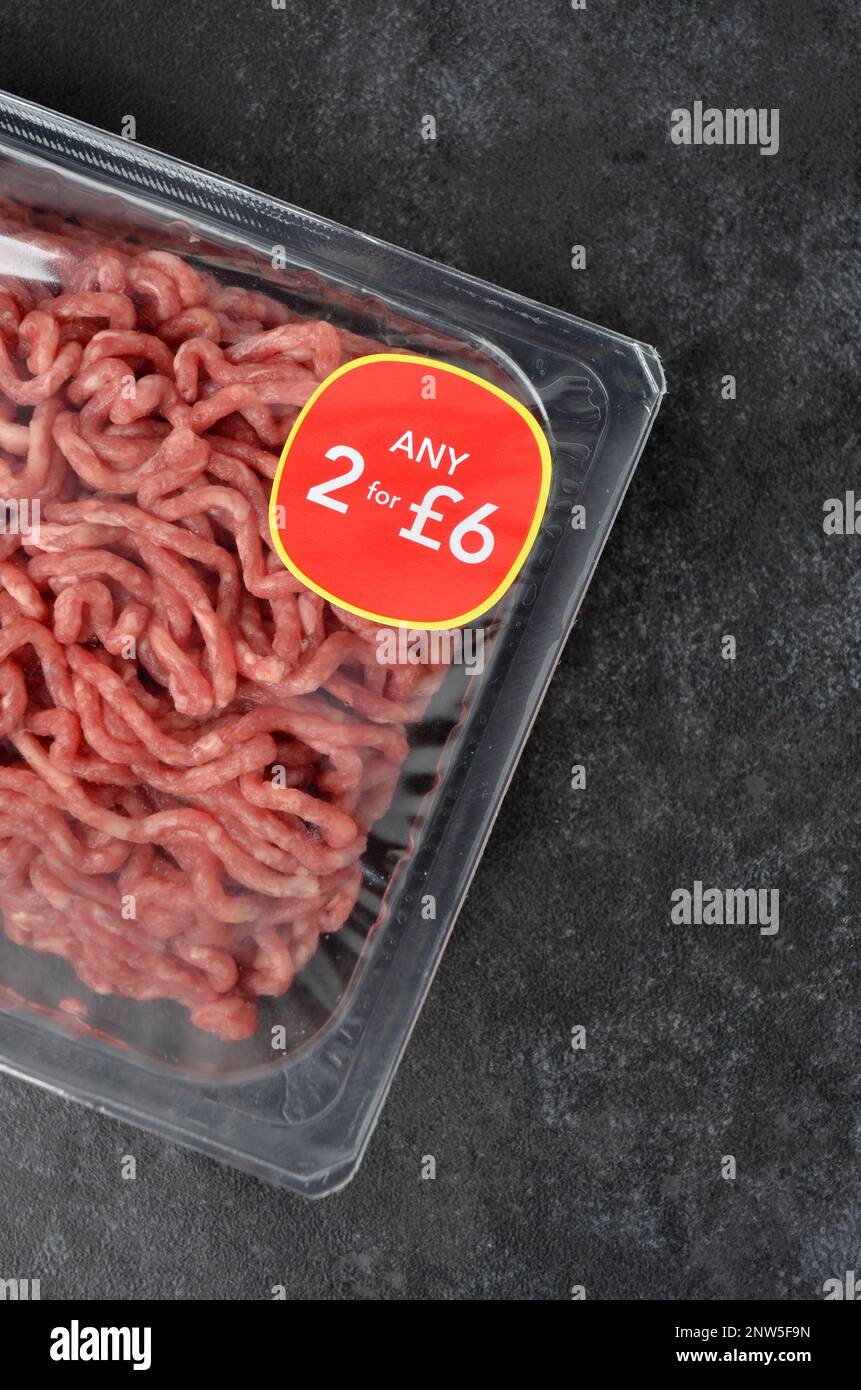 Close up of Minced Beef in plastic Packaging showing special offer ...