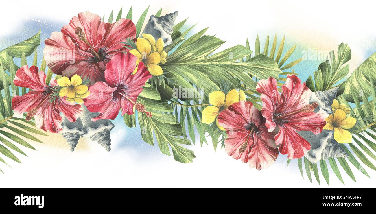 Tropical palm leaves with red hibiscus flowers and seashells ...