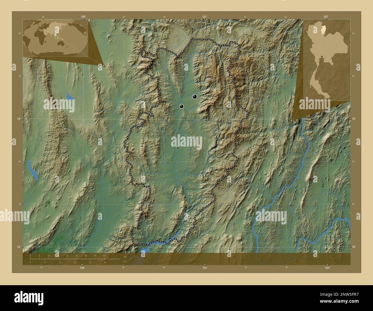 Nan, province of Thailand. Colored elevation map with lakes and rivers ...