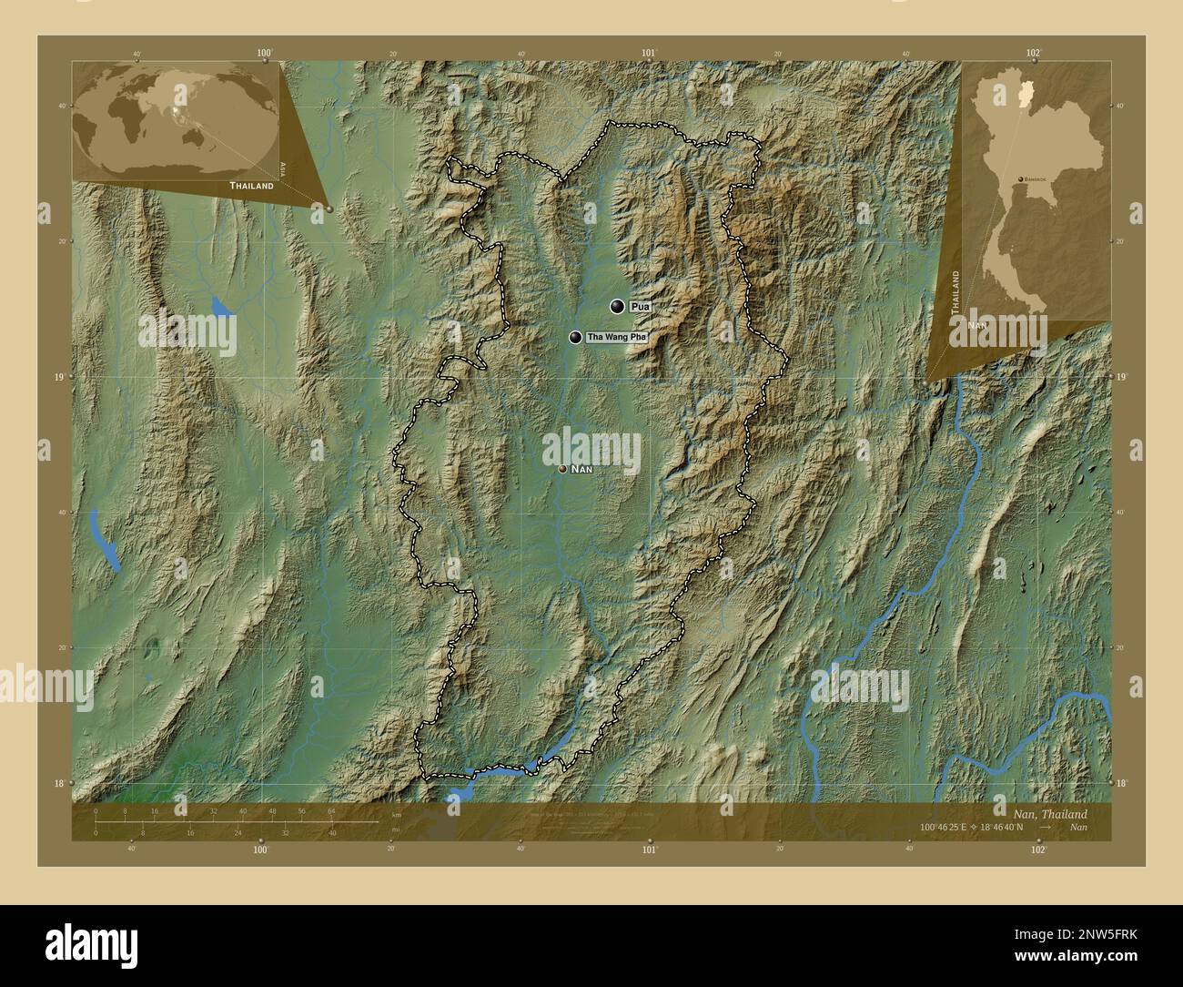 Nan, province of Thailand. Colored elevation map with lakes and rivers ...