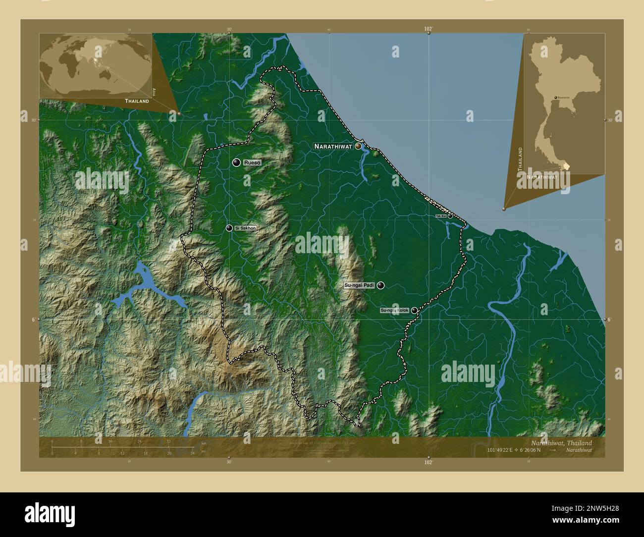 Narathiwat, province of Thailand. Colored elevation map with lakes and ...