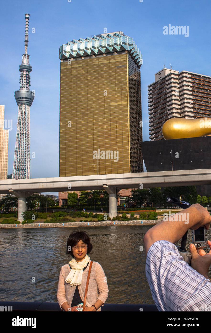 Sky Tree and Asahi building from Sumidagawa river, Asakusa District ...