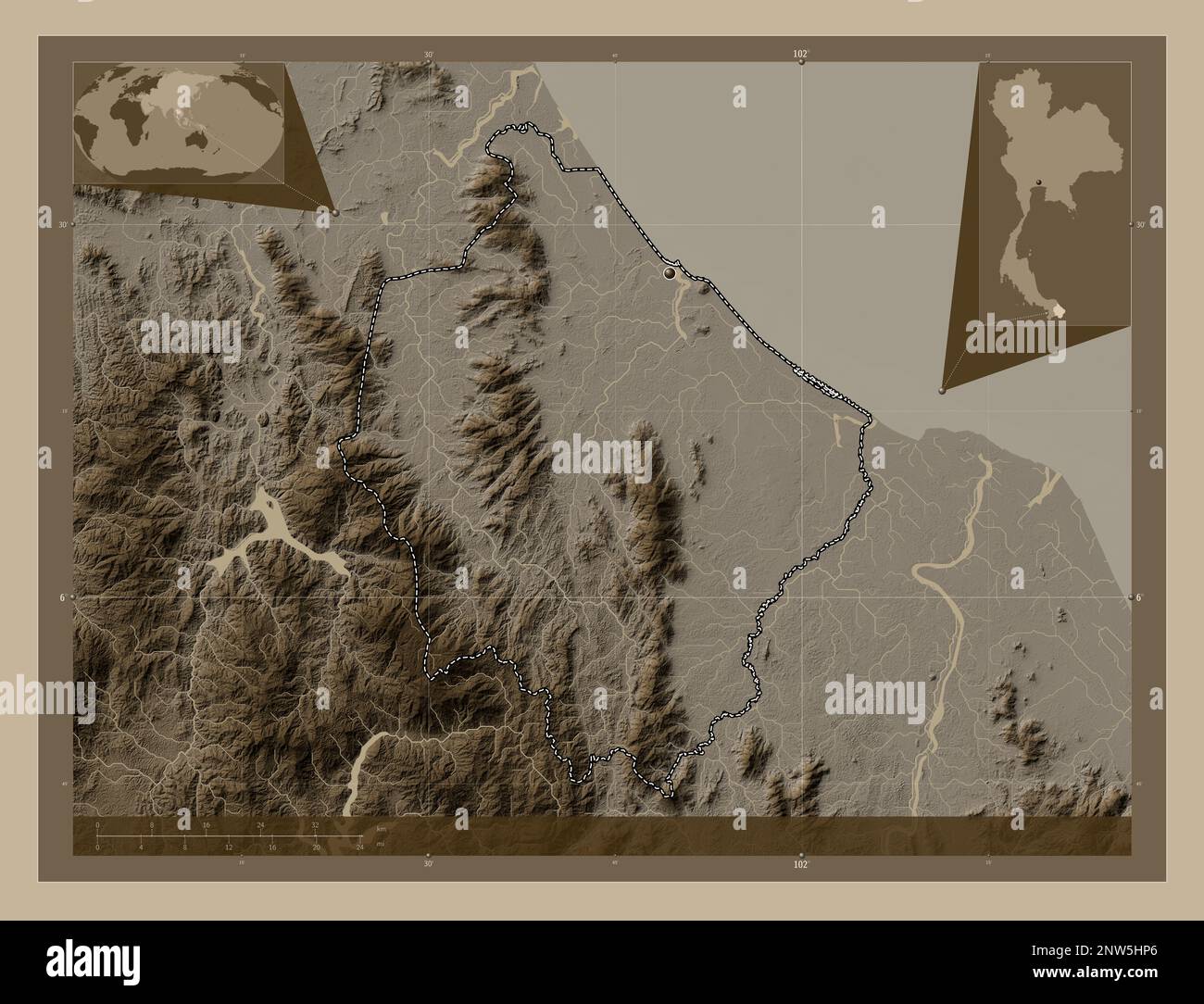 Narathiwat, province of Thailand. Elevation map colored in sepia tones ...
