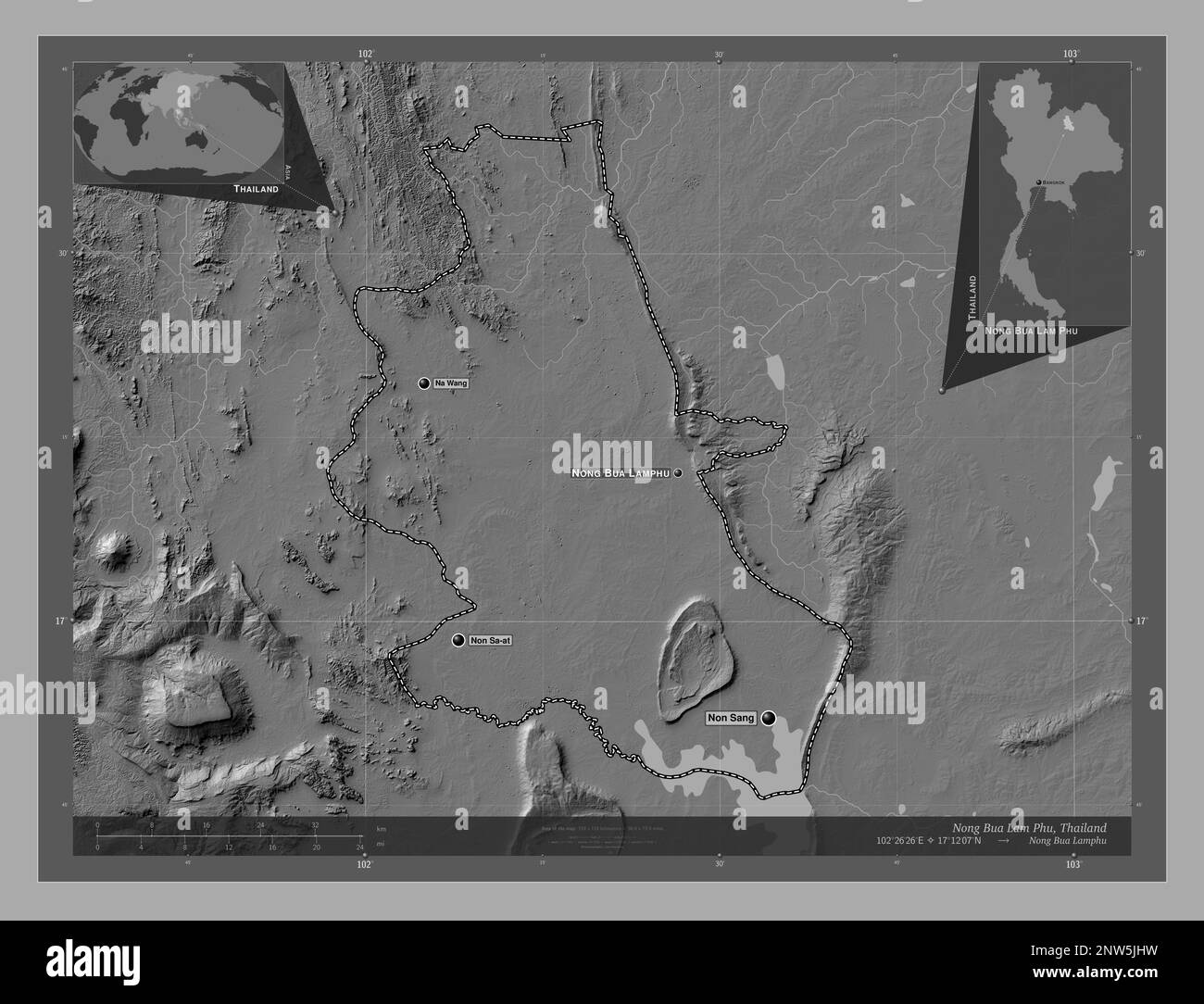 Nong Bua Lam Phu, province of Thailand. Bilevel elevation map with ...
