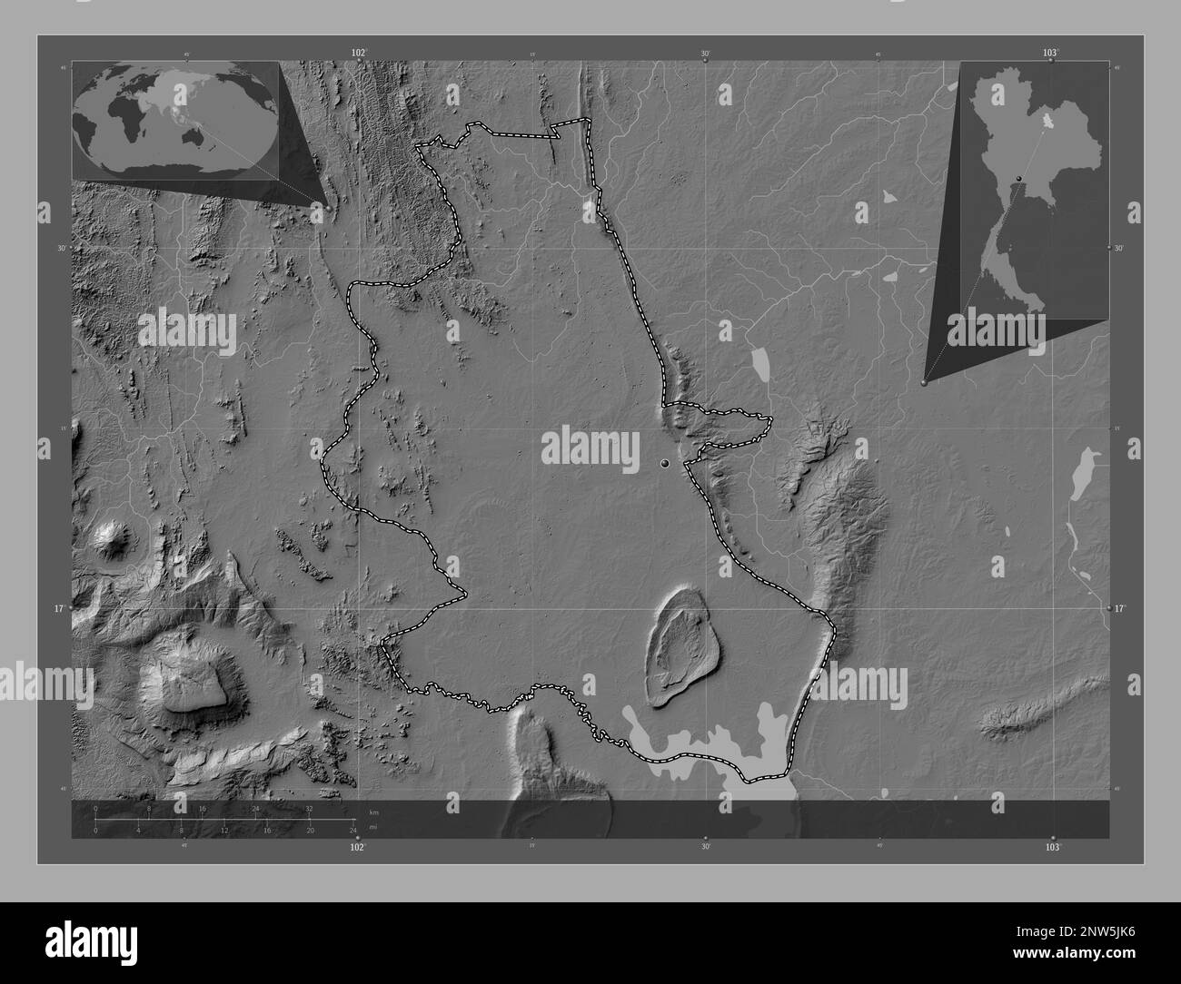 Nong Bua Lam Phu, province of Thailand. Bilevel elevation map with ...