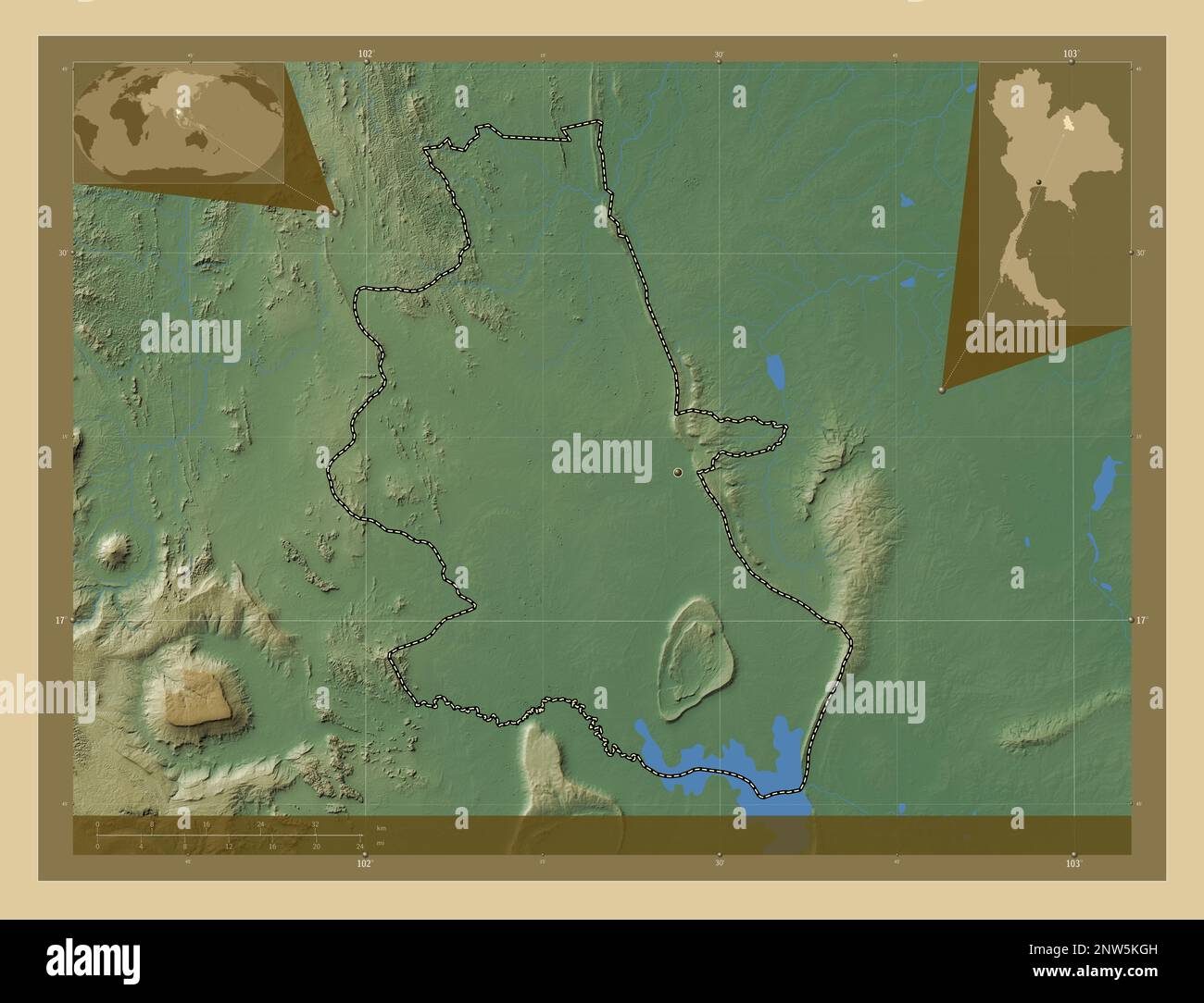 Nong Bua Lam Phu, province of Thailand. Colored elevation map with ...
