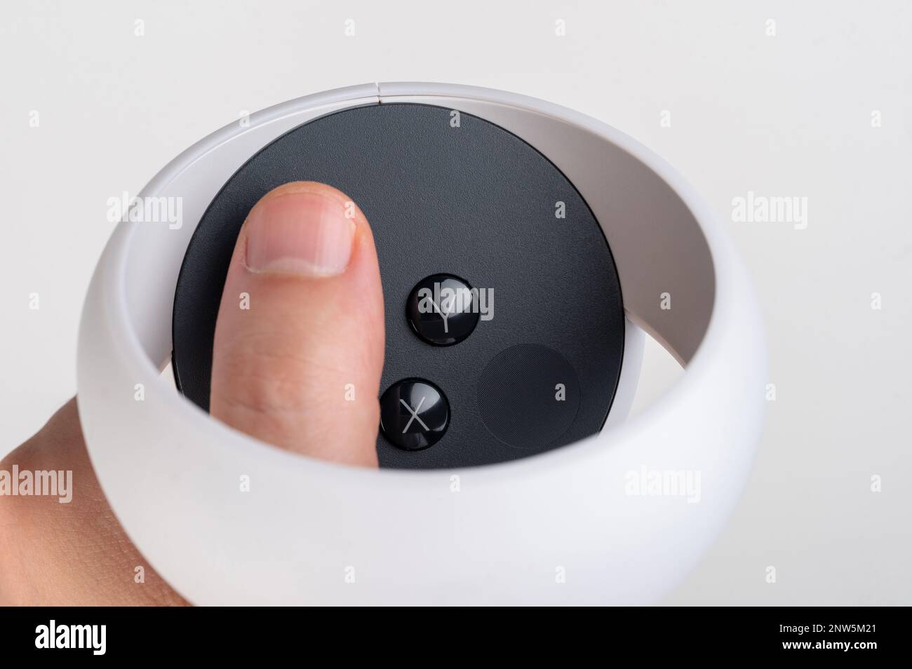 Finger on joystick buttons for playing games in VR close up view Stock ...