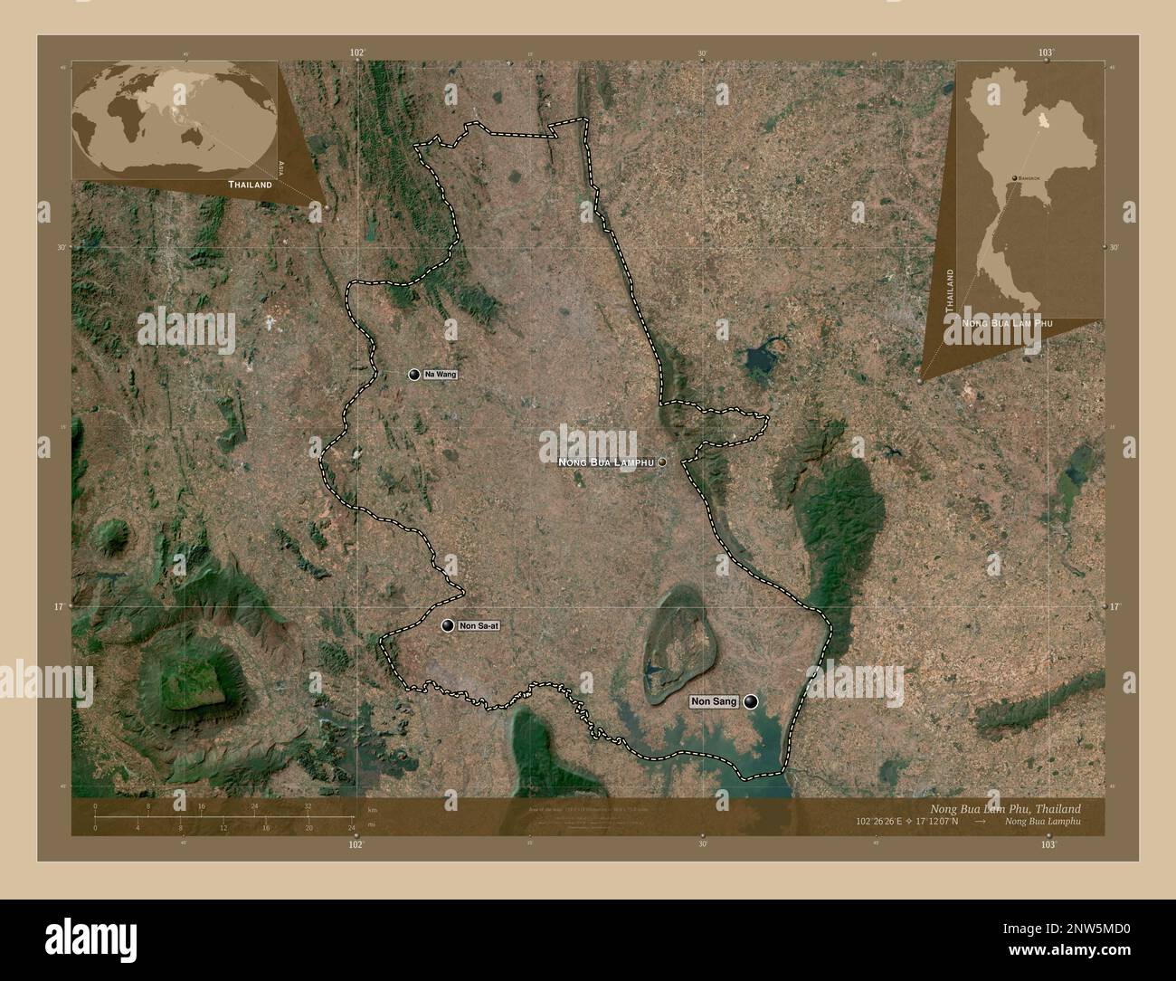 Nong Bua Lam Phu, province of Thailand. Low resolution satellite map ...