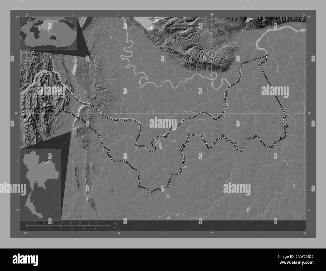Nong Khai, province of Thailand. Bilevel elevation map with lakes and ...