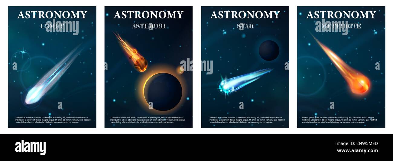 Realistic space meteor poster set with starry sky background and text ...