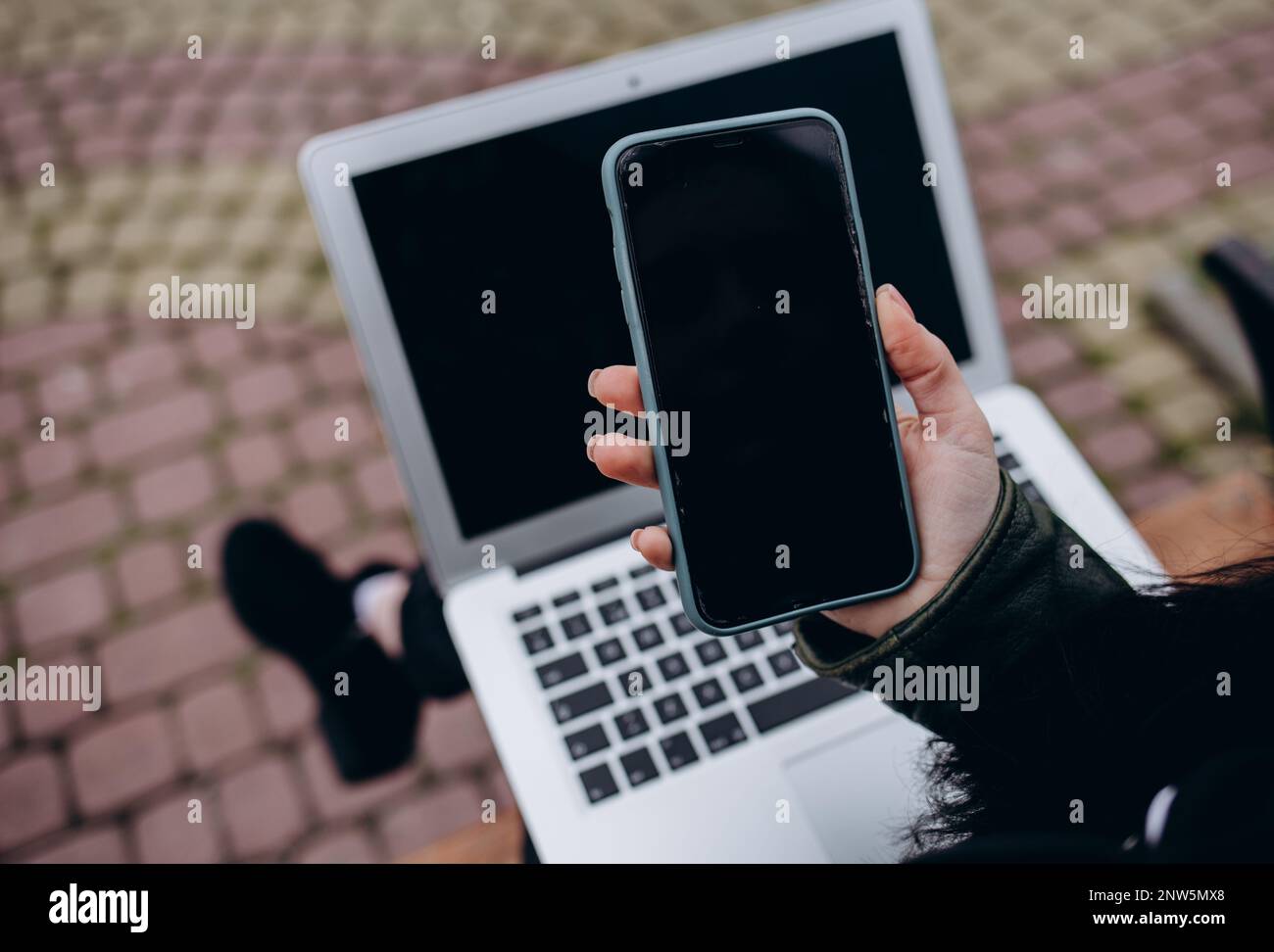 Layout image of blank computer screen, mobile phone with black ...