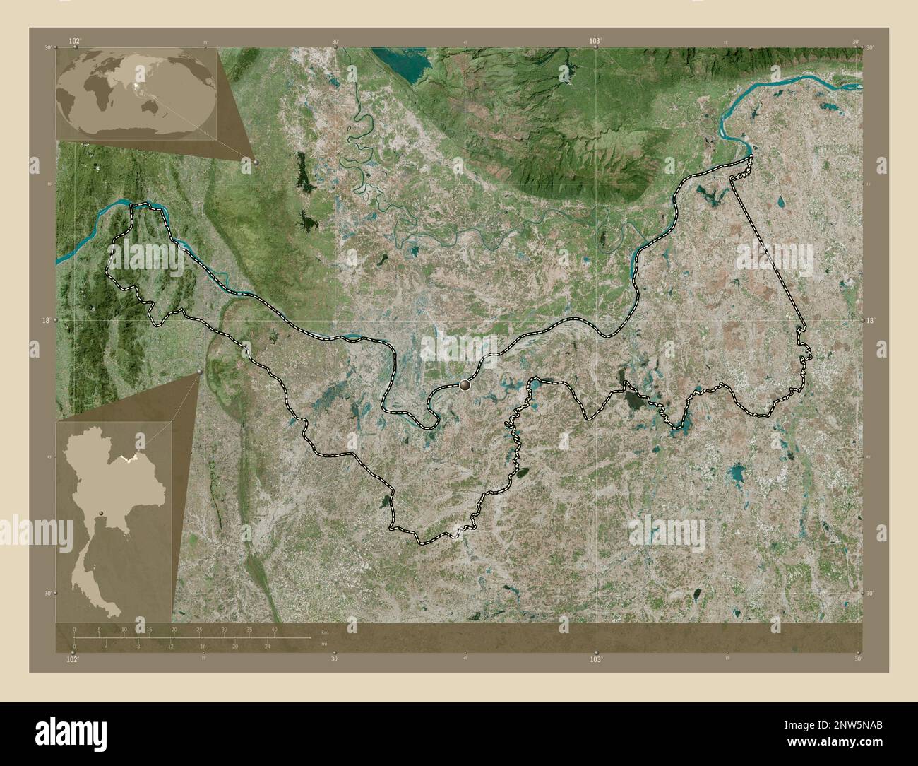 Nong Khai, province of Thailand. High resolution satellite map. Corner ...