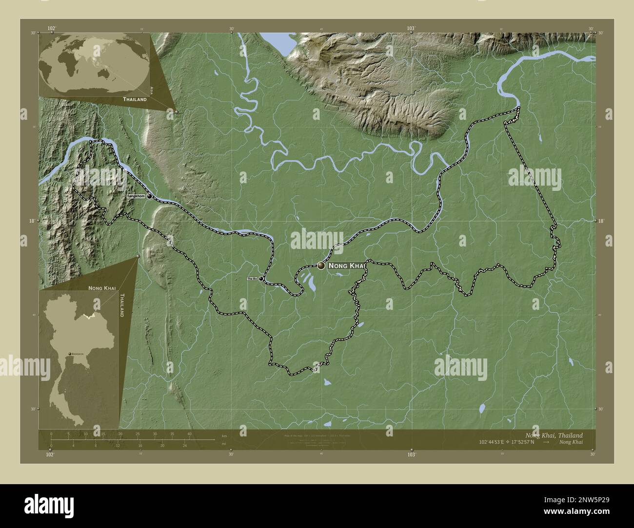 Nong Khai, province of Thailand. Elevation map colored in wiki style ...