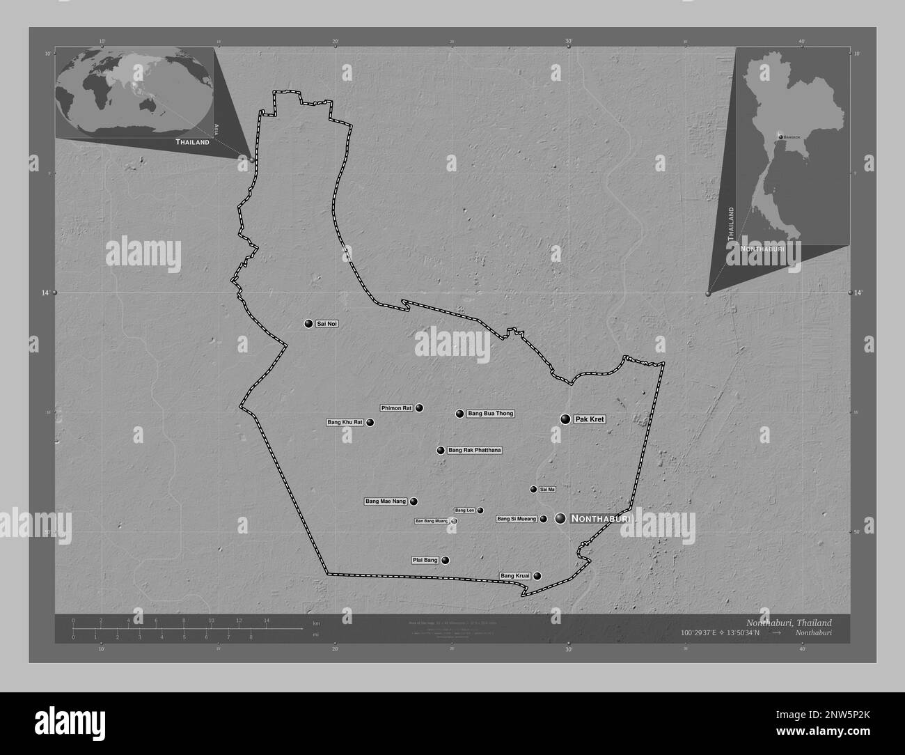 Nonthaburi, province of Thailand. Grayscale elevation map with lakes ...