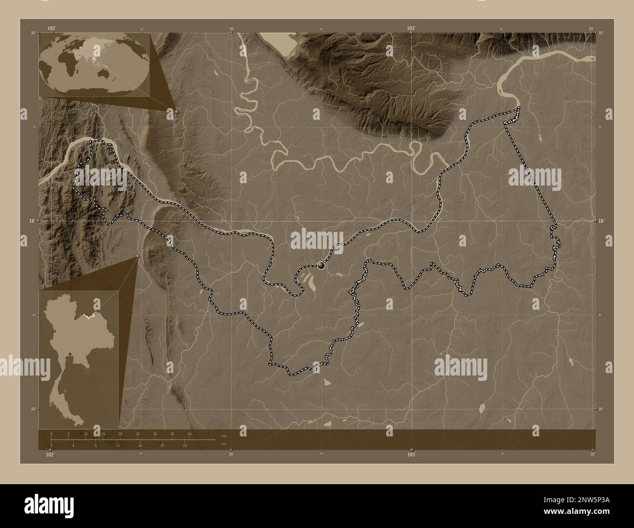 Nong Khai, province of Thailand. Elevation map colored in sepia tones ...