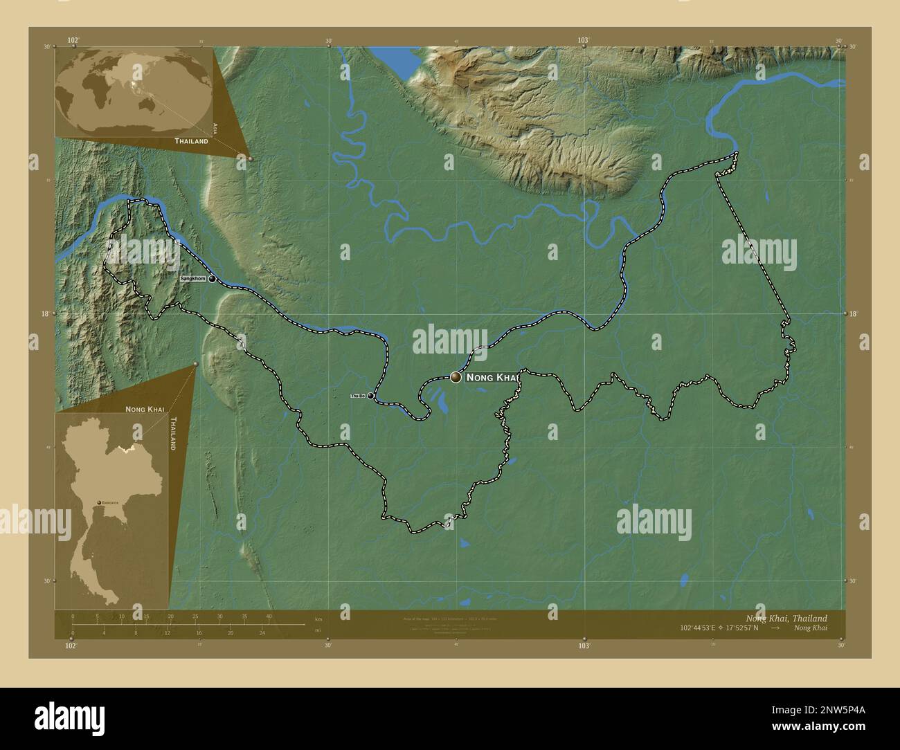 Nong Khai, province of Thailand. Colored elevation map with lakes and ...