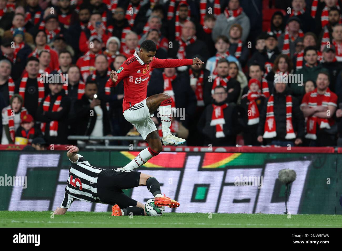 London, UK. 26th Feb, 2023. Marcus Rashford of Manchester Utd jumps ...