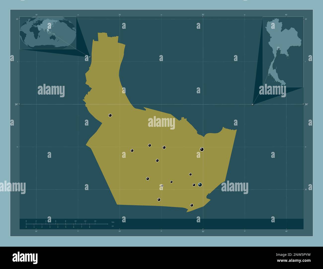 Nonthaburi, province of Thailand. Solid color shape. Locations of major ...