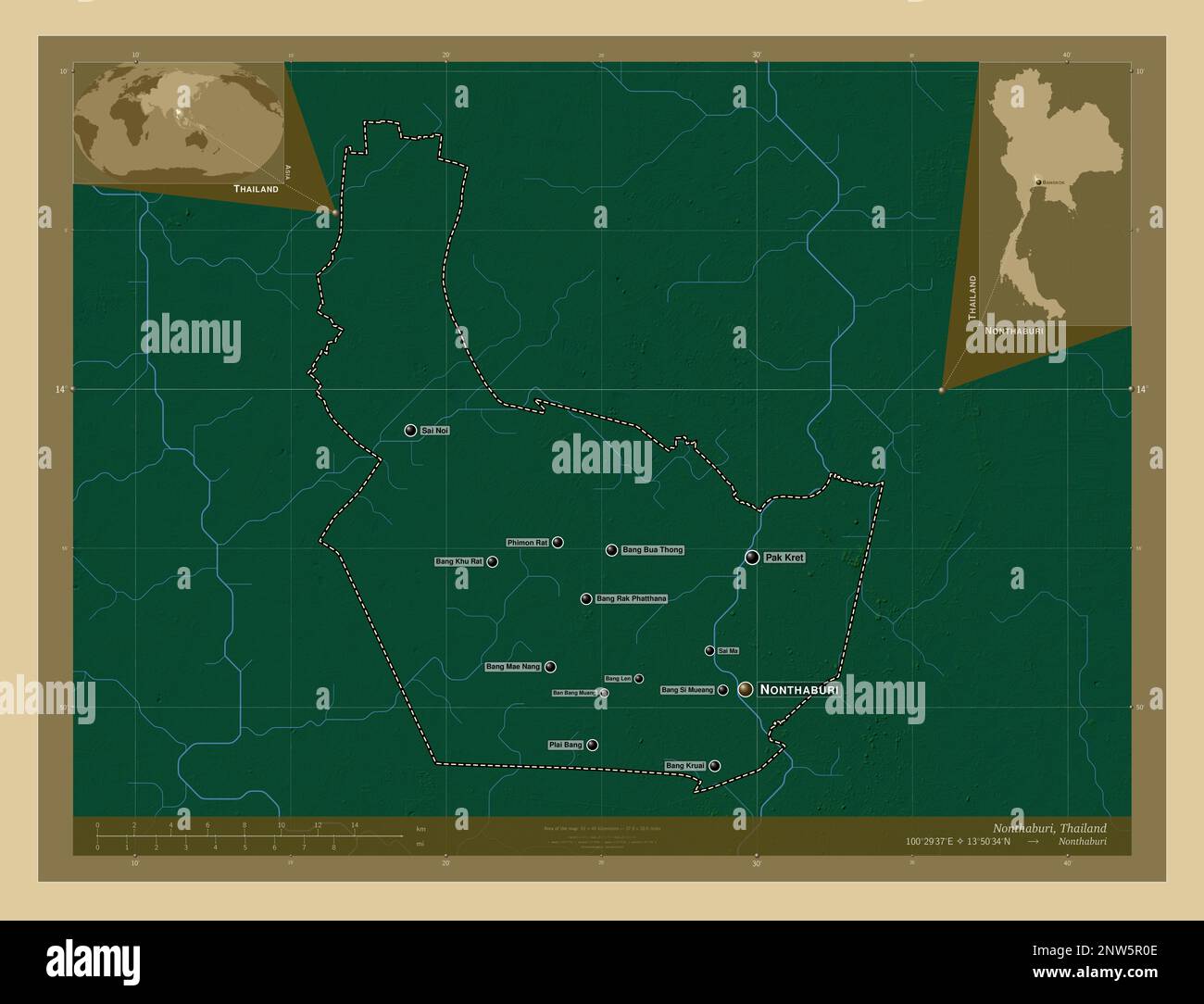 Nonthaburi, province of Thailand. Colored elevation map with lakes and ...