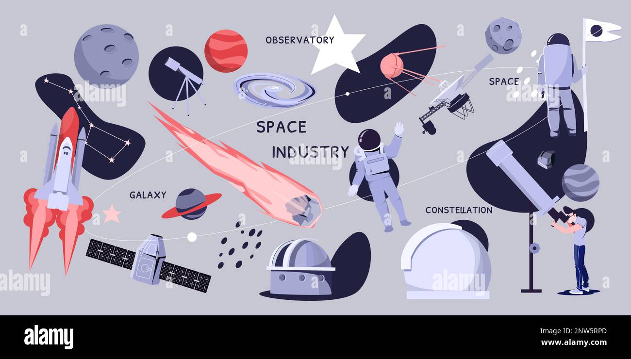 Space industry abstract set with constellation symbols flat isolated ...